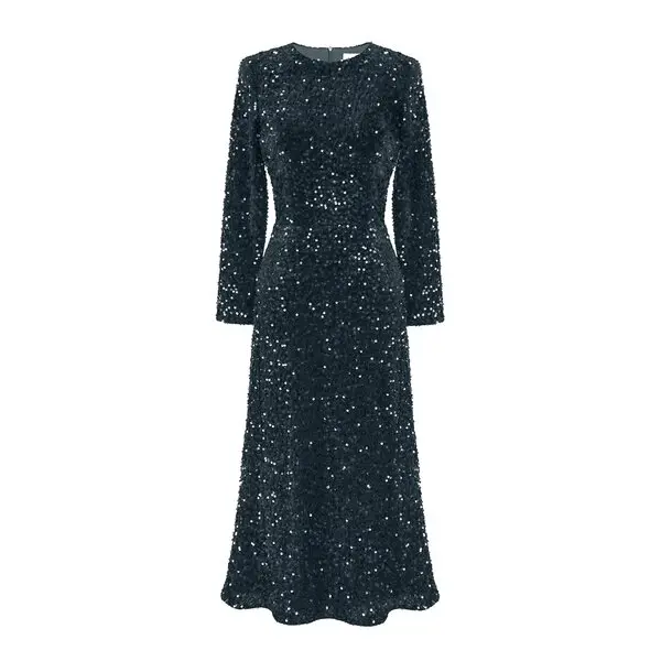 POST MERIDIEM Aquamarine Sequin Decorated Velvet Long Sleeve Midi Dress - Blue
