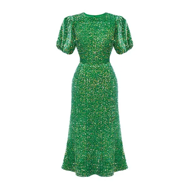 POST MERIDIEM Sequin Decorated Velvet Puff Sleeve Midi Dress