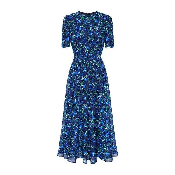POST MERIDIEM Navy Short Sleeve Floral Midi Dress - Blue