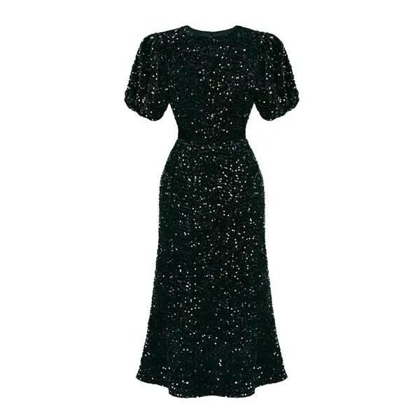 POST MERIDIEM Emerald Decorated Velvet Puff Sleeve Midi Dress - Green