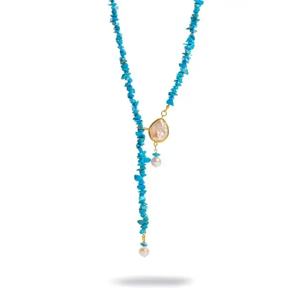 EBRU JEWELRY Blue / Gold Turquoise Lariat Necklace With Baroque Pearls Turquoise - Blue/gold