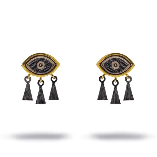 EBRU JEWELRY Silver / Gold Guardian Eye Fringe Two-tone Silver Stud Earrings Silver - Silver/gold
