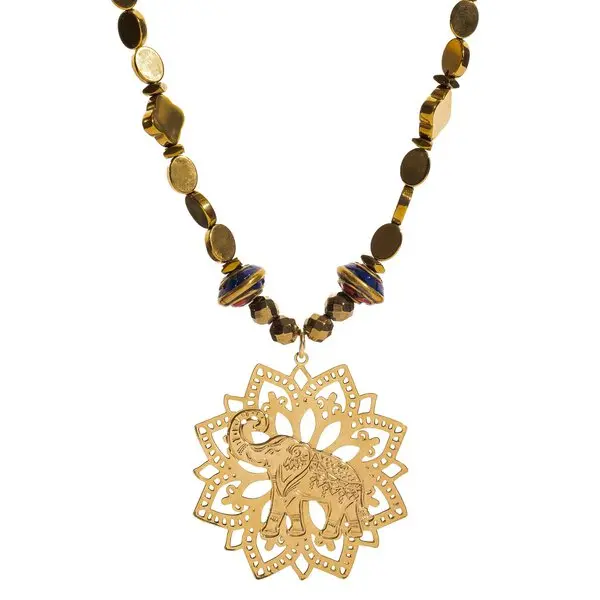 EBRU JEWELRY Gold / Brown Elephant Mandala Talisman Beaded Necklace Brown - Gold/brown