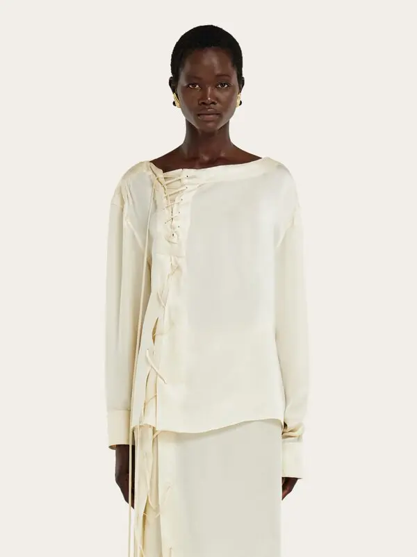 FERRAGAMO Satin Blouse With String Tie Detail - White