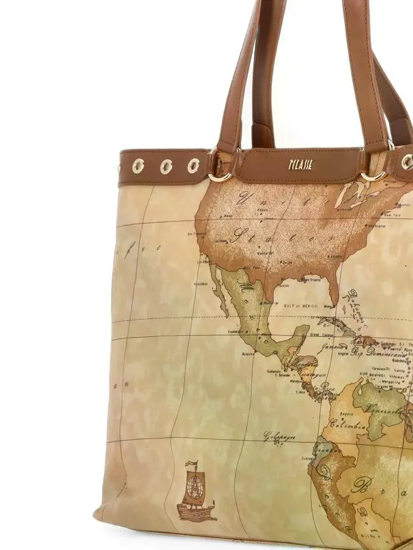 ALVIERO MARTINI 1° CLASSE Geo Classic Map Print Leather Trim Tote Bag