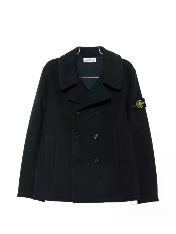 Stone Island Double-breasted Pea Coat With Logo Patch - Blue