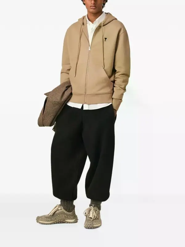 AMI Paris Zipped Cotton Hoodie With De Coeur Embroidery - Neutrals