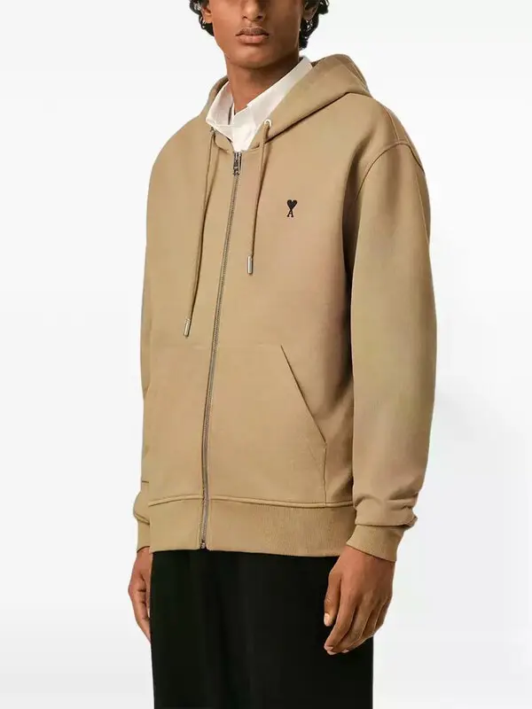 AMI Paris Zipped Cotton Hoodie With De Coeur Embroidery - Neutrals