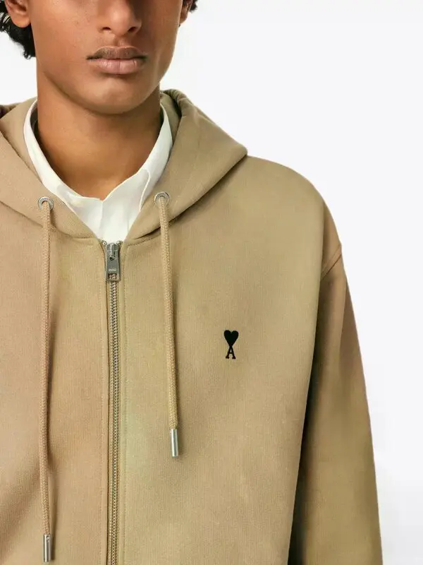 AMI Paris Zipped Cotton Hoodie With De Coeur Embroidery - Neutrals