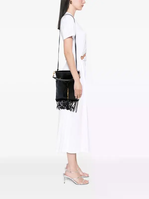Saint Laurent 2014 Small Leather Fringe Flat Bucket Bag Satchel - Black