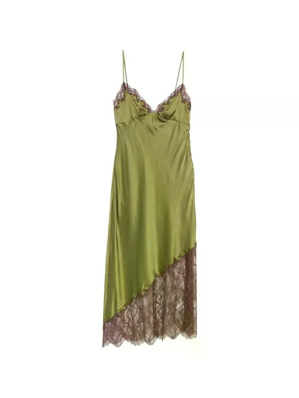 Staud Lara Lace-trim Silk Asymmetric Dress - Green