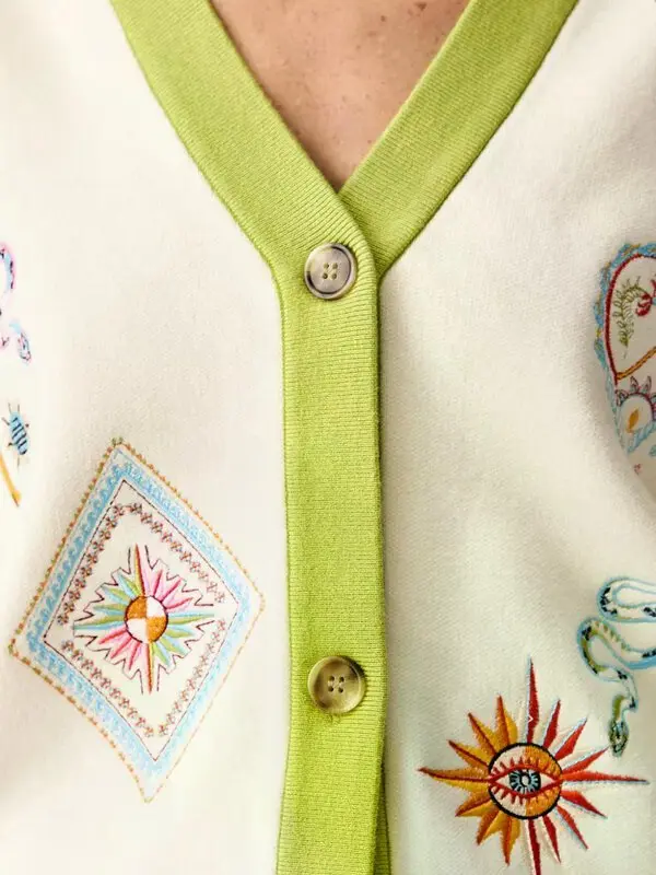 NEVER FULLY DRESSED Embroidered Colour-block V-neck Cardigan - Neutrals