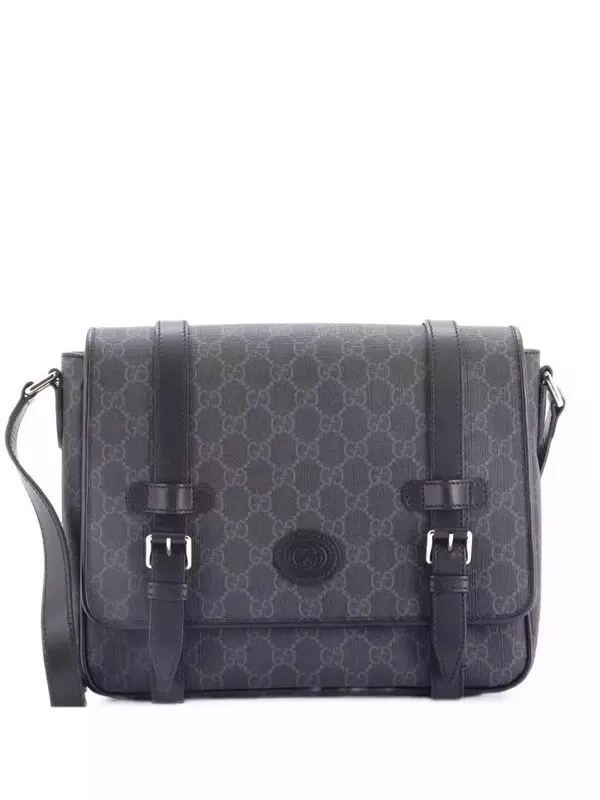 Gucci Interlocking G Patch Messenger Bag Gg Coated Canvas With Leather Medium Crossbody Bag - Black