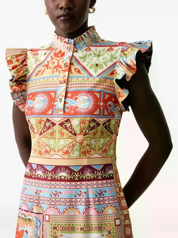 NEVER FULLY DRESSED Graphic-print Ruffled-sleeve Midi Dress - Orange