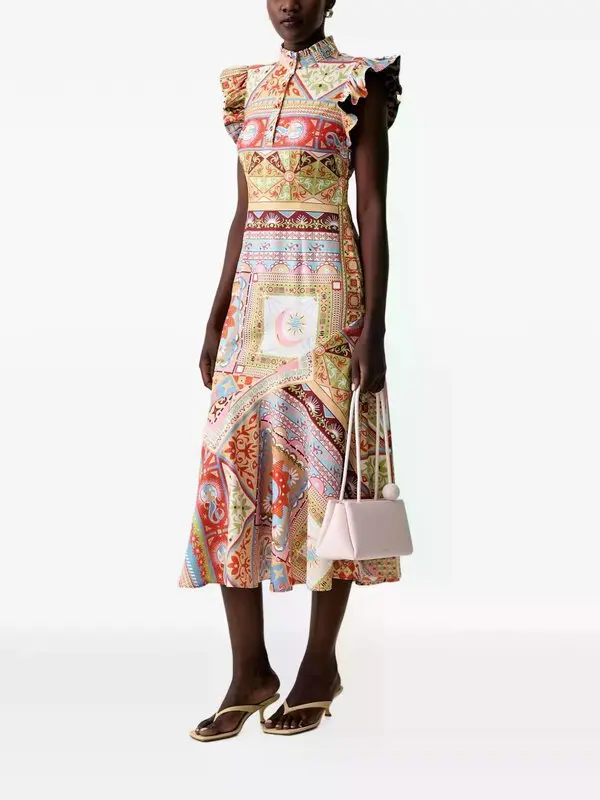 NEVER FULLY DRESSED Graphic-print Ruffled-sleeve Midi Dress