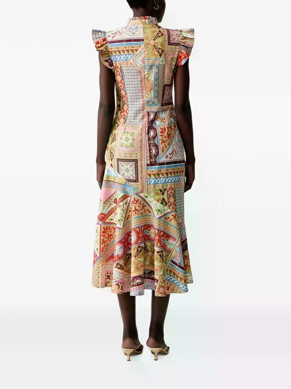 NEVER FULLY DRESSED Graphic-print Ruffled-sleeve Midi Dress