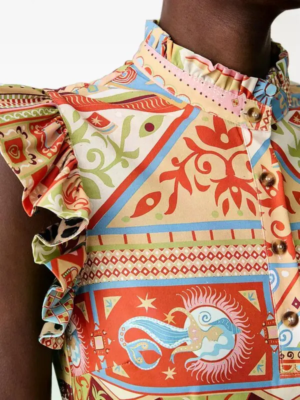 NEVER FULLY DRESSED Graphic-print Ruffled-sleeve Midi Dress