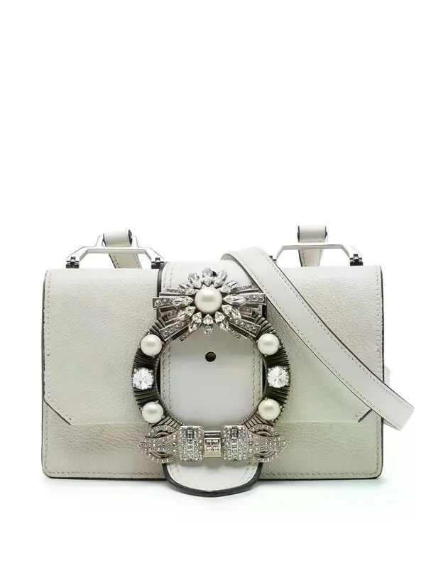 Miu Miu 2010-2026 Goatskin Madras Soft Calf Crystal Embellished Crossbody Bag - White