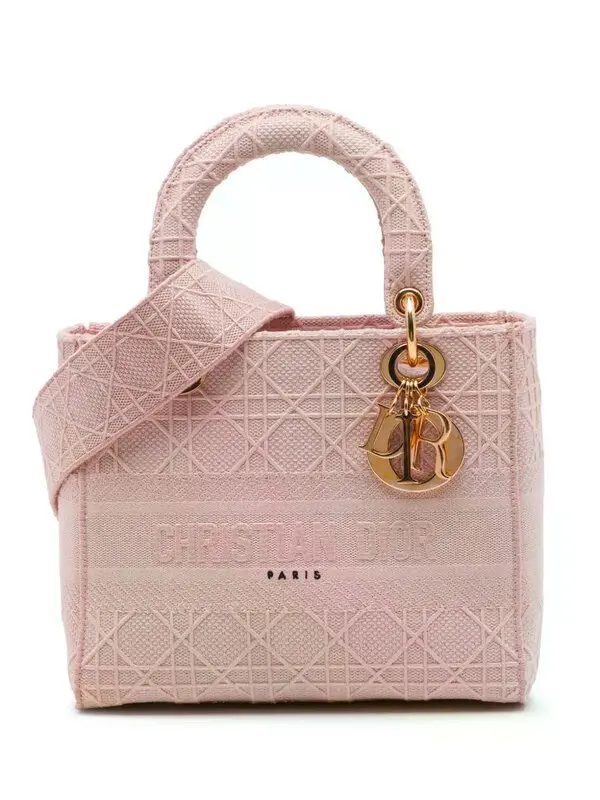 Dior 2020 Medium Embroidered Canvas Cannage Lady D Lite Satchel - Pink