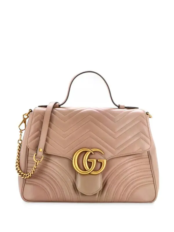 Gucci Gg Marmont Top Handle Flap Bag Matelasse Leather Medium Satchel - Brown