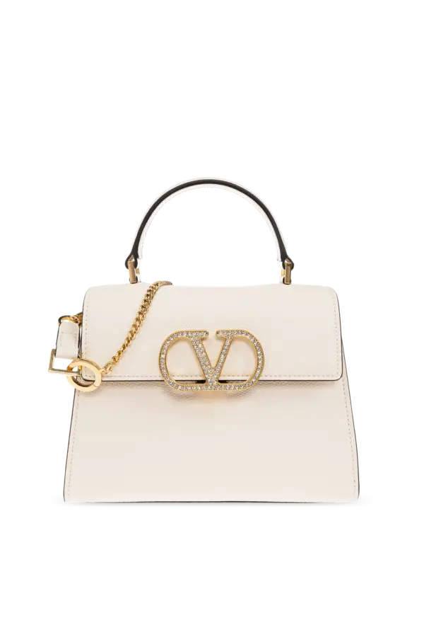 Valentino Garavani Leather Bag With Logo Finished With Crystals - Cream