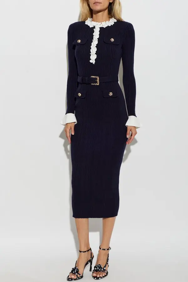 SELF-PORTRAIT Ribbed Knit Midi Dress With Appliqué Detail
