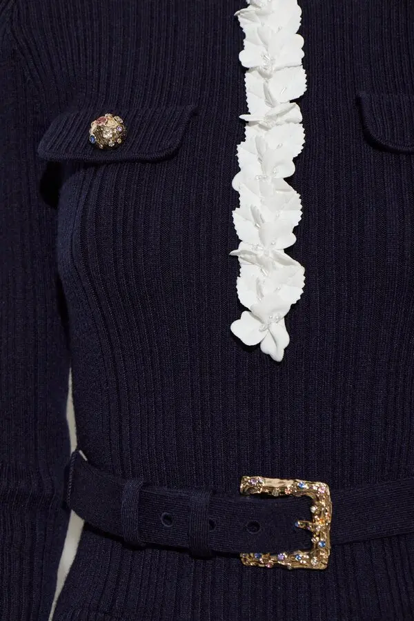 SELF-PORTRAIT Ribbed Knit Midi Dress With Appliqué Detail