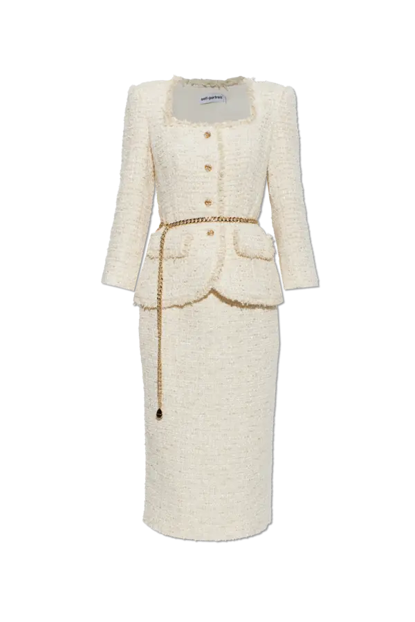 SELF-PORTRAIT Boucle Dress With Chain - Cream