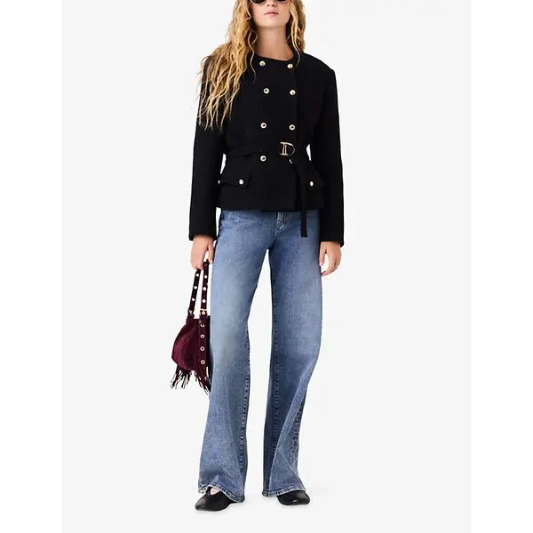 Maje Belted-waist Double-breasted Woven Jacket