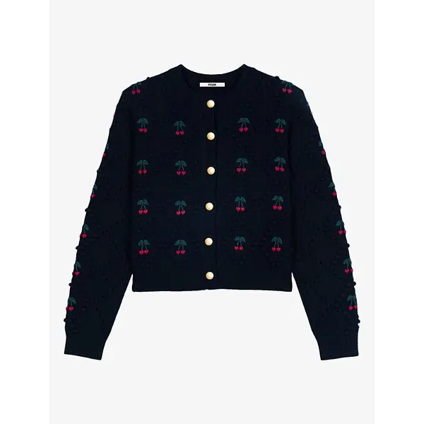 Maje Cherry-embroidered Bobble-knit Wool Cardigan - Navy