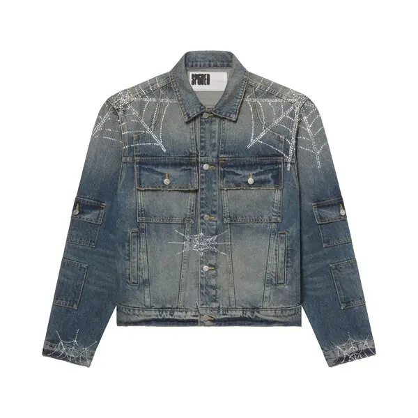 SP5DER Rhinestone Web Denim Jacket 'indigo - Blue