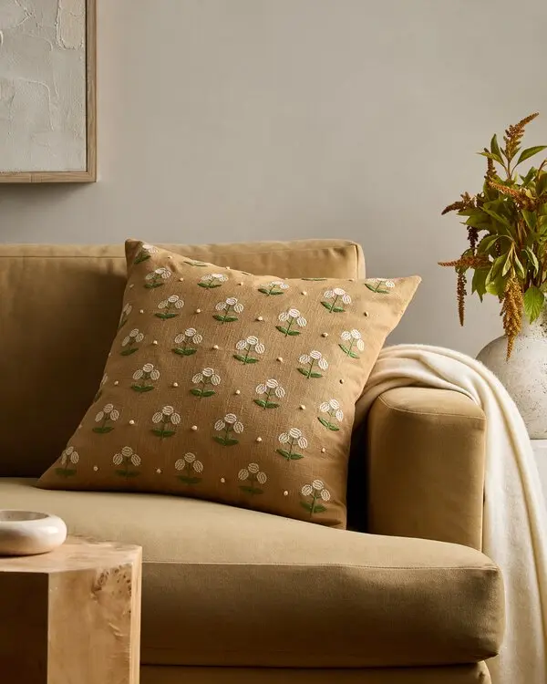 Quince Embroidered Botanical Cotton Pillow Cover, Size