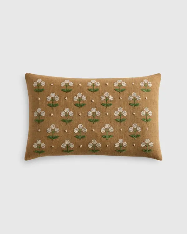 Quince Embroidered Botanical Cotton Pillow Cover, Size - Tan
