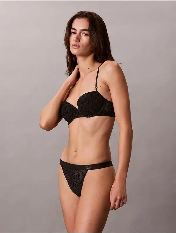 Calvin Klein Emblem Flocked Mesh High Leg Thong - Black