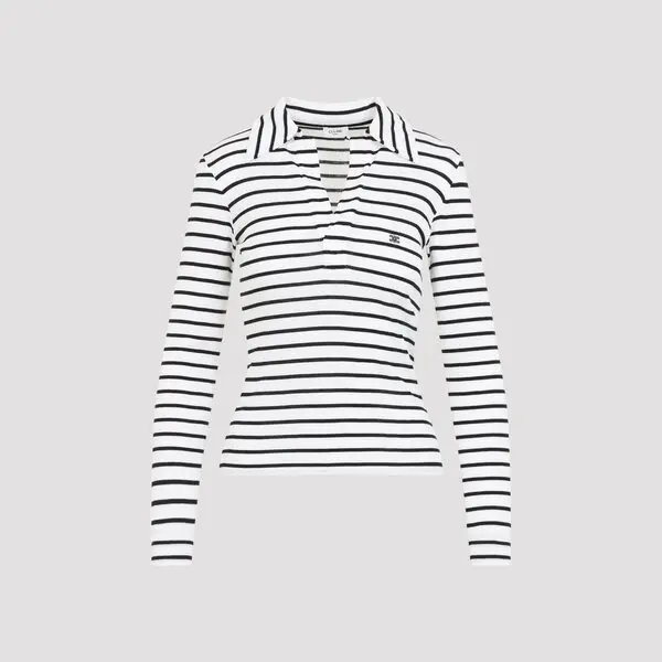 Celine Long Sleeve Striped Polo Top - White