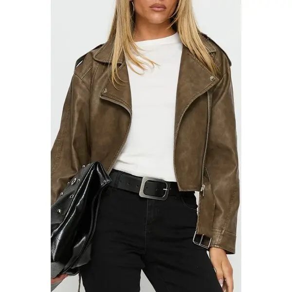 Princess Polly Talisha Faux Leather Biker Jacket - Brown