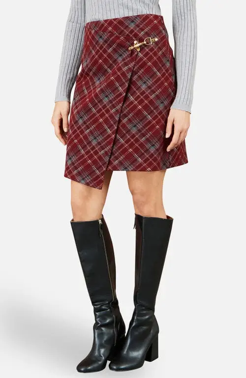 YUMI Check Wrap Mini Skirt - Burgundy