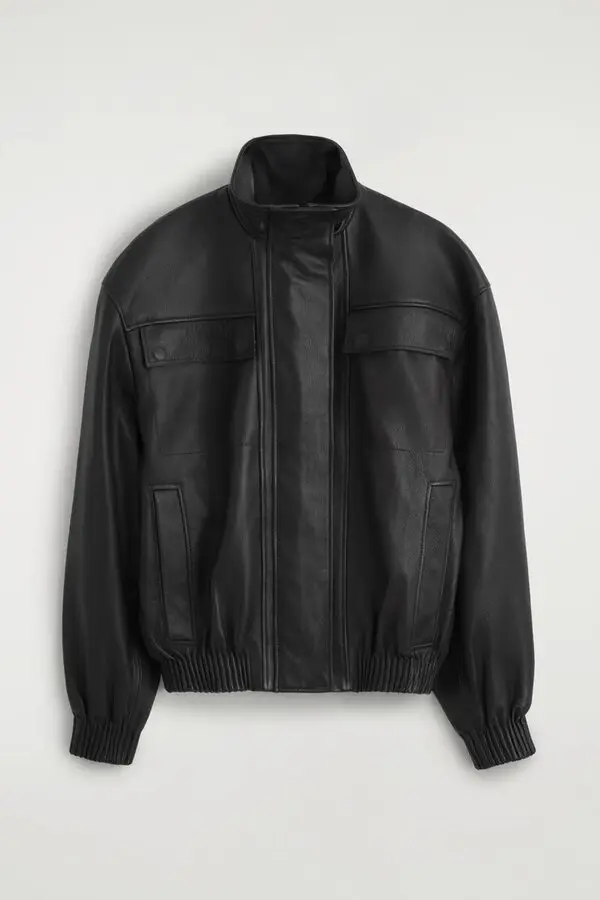 Cos Leather Mock-neck Bomber Jacket - Black