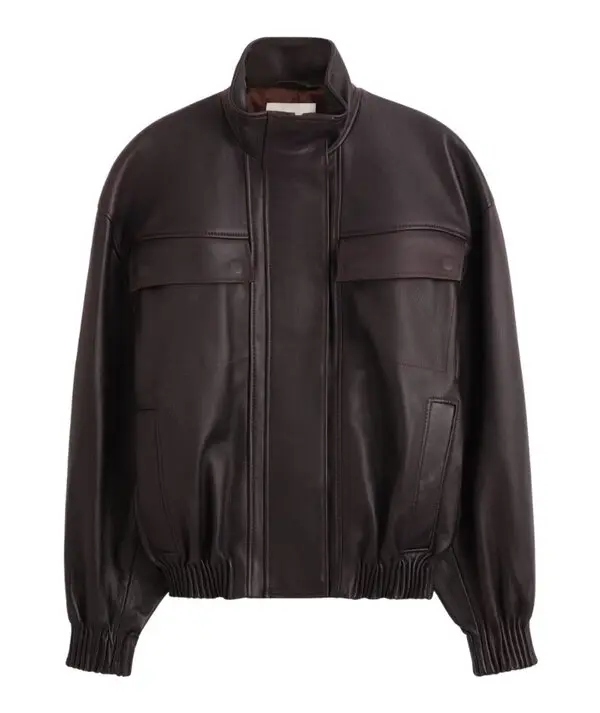 Cos Leather Mock-neck Bomber Jacket With Ribbed Trims - Brown