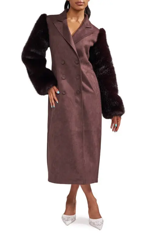 AZALEA WANG Lurielle Faux Fur Sleeve Faux Suede Trench Coat - Espresso