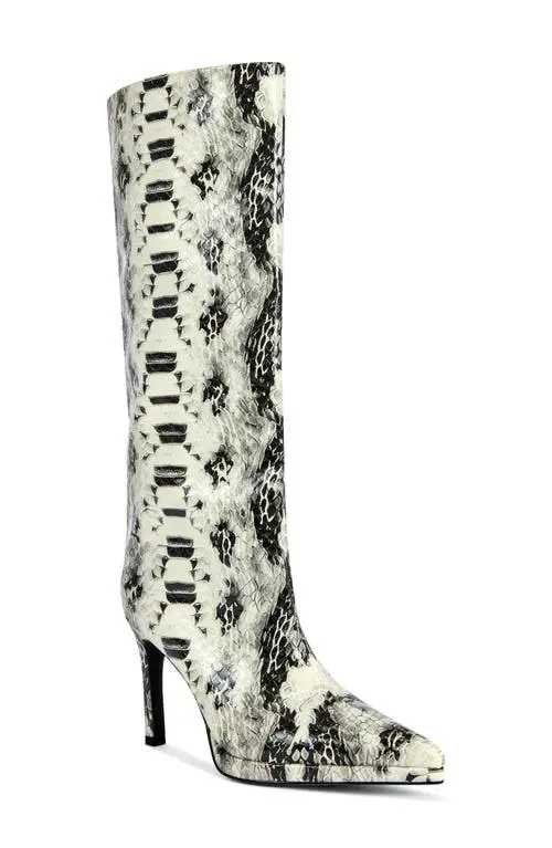AZALEA WANG Barely Faux Snakeskin Knee High Boot - White Black