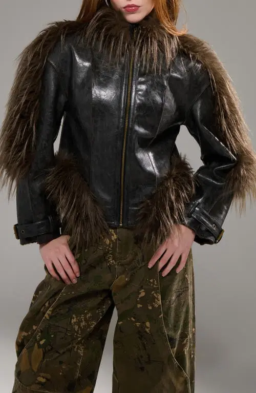 AZALEA WANG Tahlis Faux Fur Trim Faux Leather Moto Jacket - Espresso