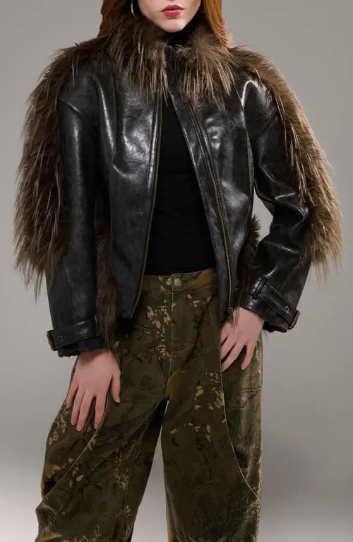 AZALEA WANG Tahlis Faux Fur Trim Faux Leather Moto Jacket