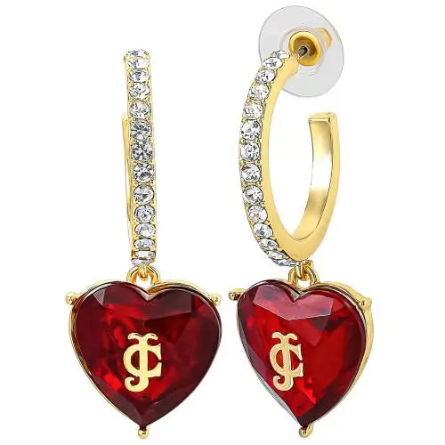 Juicy Couture Rhinestone Heart Charm Hoop Earrings - Red