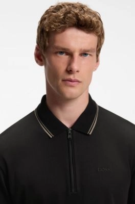BOSS Interlock Cotton Polo Shirt With Striped Collar