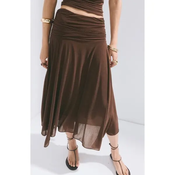 Mango Asymmetric Chiffon Midi Skirt - Brown