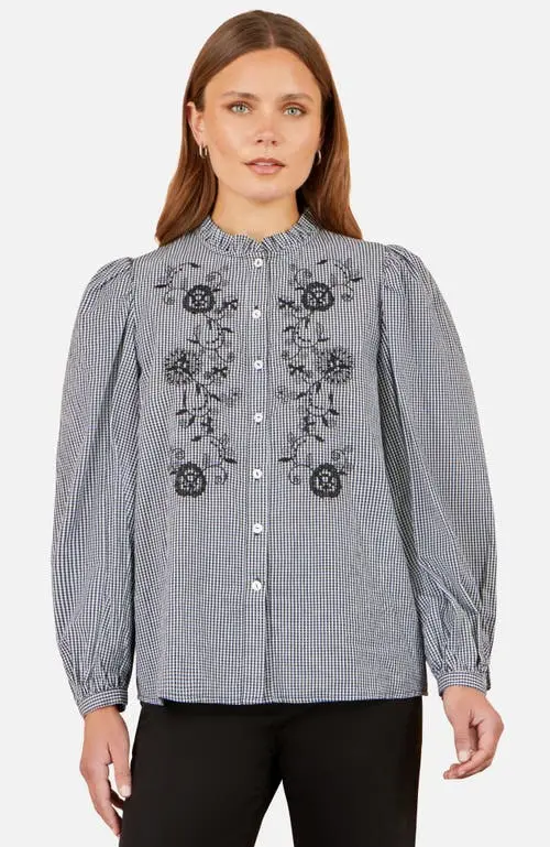 YUMI Cotton Gingham Embroidered Shirt