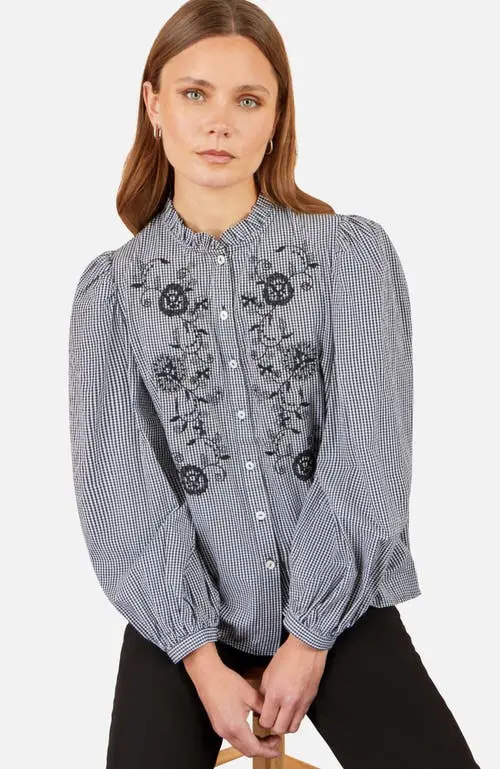 YUMI Cotton Gingham Embroidered Shirt