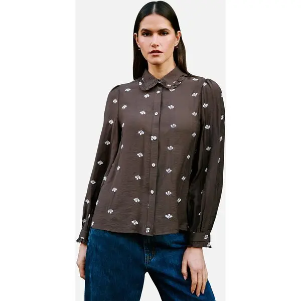 YUMI Viscose Daisy Embroidered Shirt - Brown