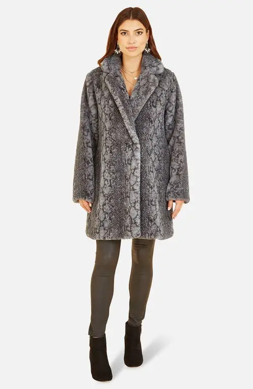 YUMI Snakeskin Print Faux Fur Coat
